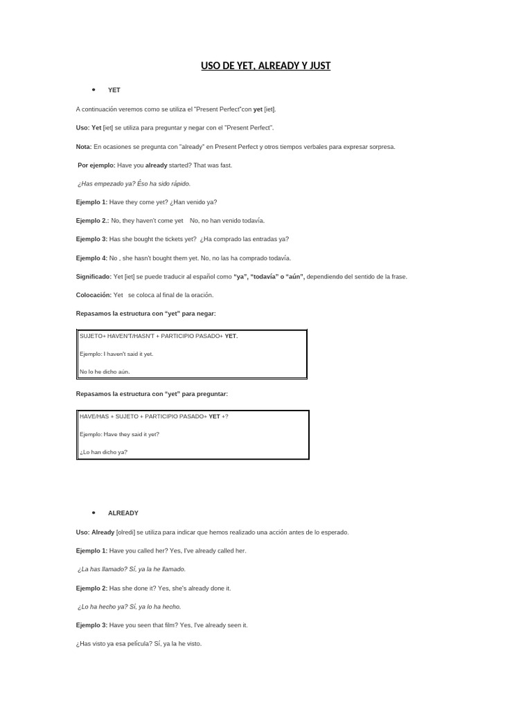 USO DE YET, ALREADY Y JUST | PDF | Language Mechanics | Grammar