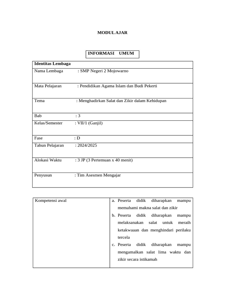 MODUL AJAR PAI SMP Kls 7 Bab 3 Dah Jadi | PDF
