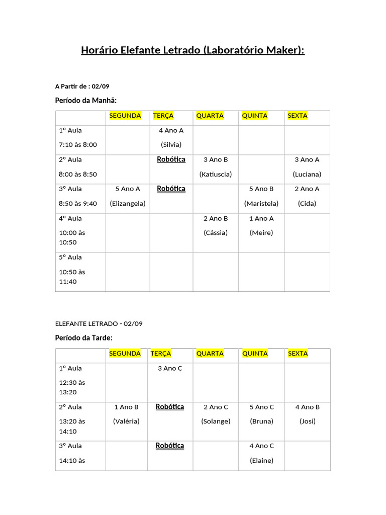 Horário Elefante Letrado | PDF | Artes Linguísticas e Disciplina