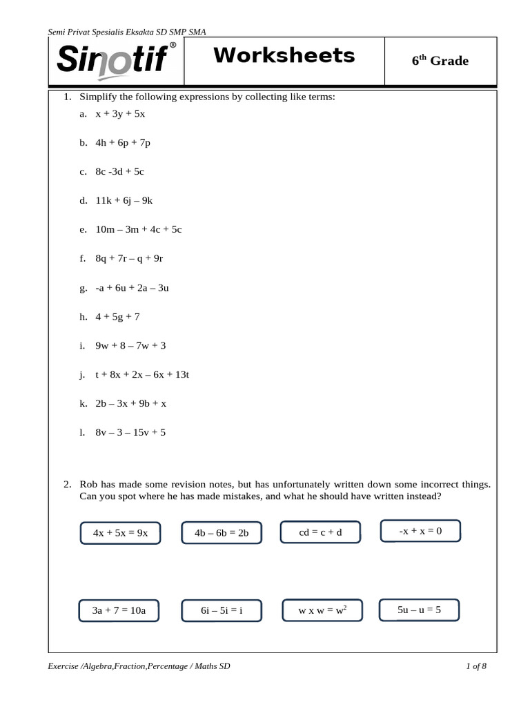 WS Simplifying Algebraic Expression With 2 Variables | PDF | Home & Garden