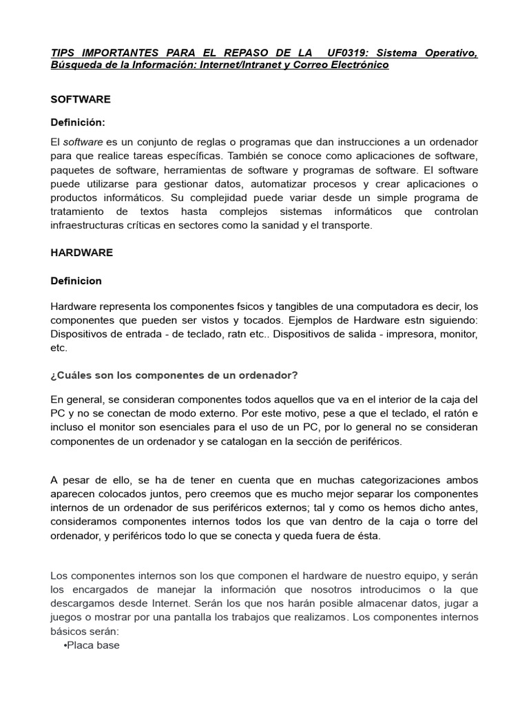 Tips de Repaso Uf0319 | PDF | Periférico | Hardware de la computadora