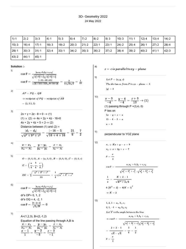 3D- Geometry 2022 (Solutions) | PDF | Analytic Geometry | Elementary Mathematics