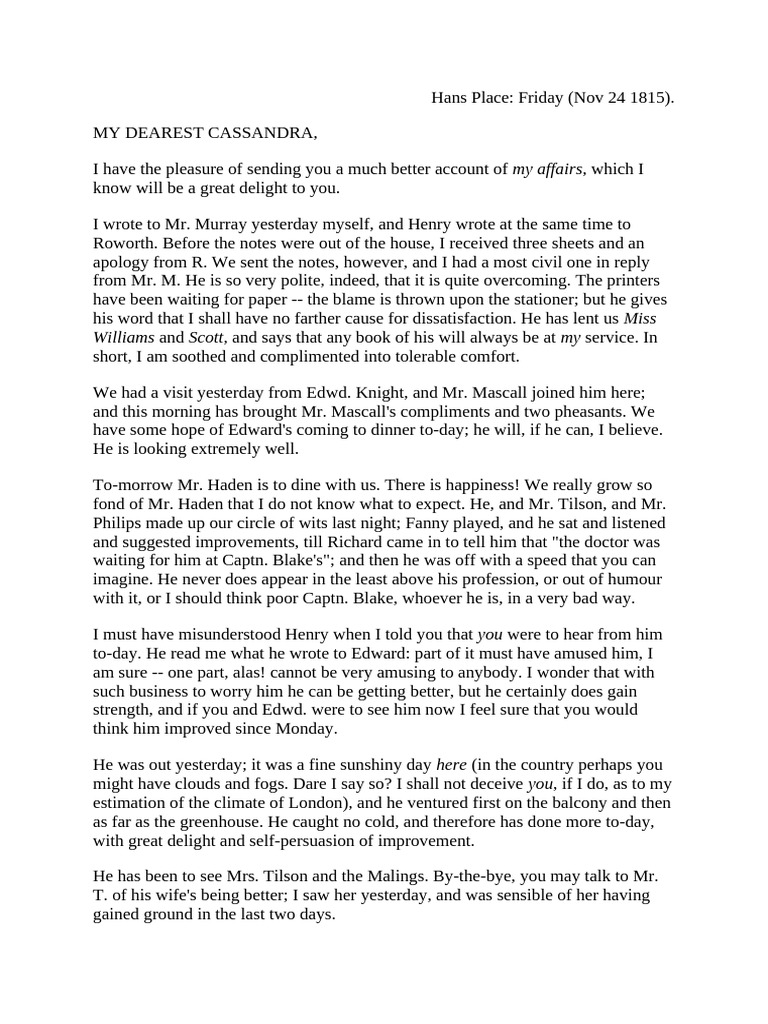 L1 - Jane Austen Letter To Cassandra | PDF