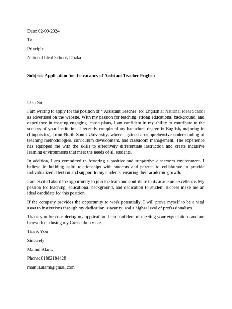 Cover Letter Mainul Alam Teacher Position | PDF