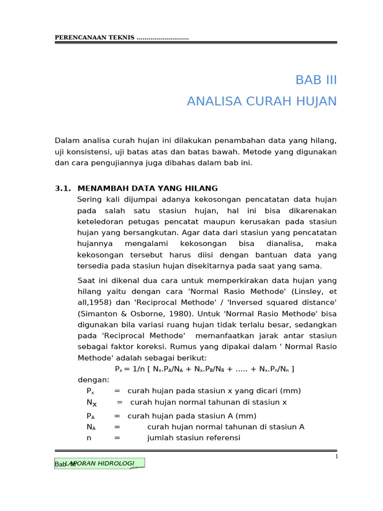 Bab 3 Analisa Curah Hujan - Laporan Hidrology | PDF | Metode & Bahan Ajar