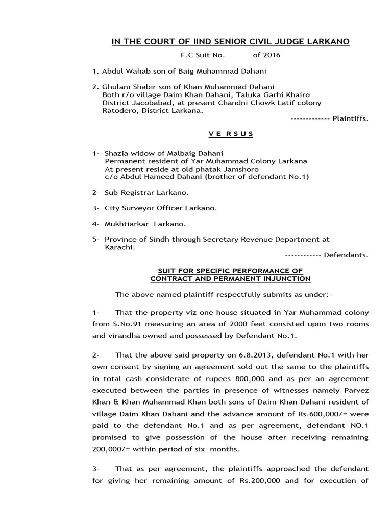 Specific Performance Suit in Larkano Court | PDF | Lawsuit | Affidavit