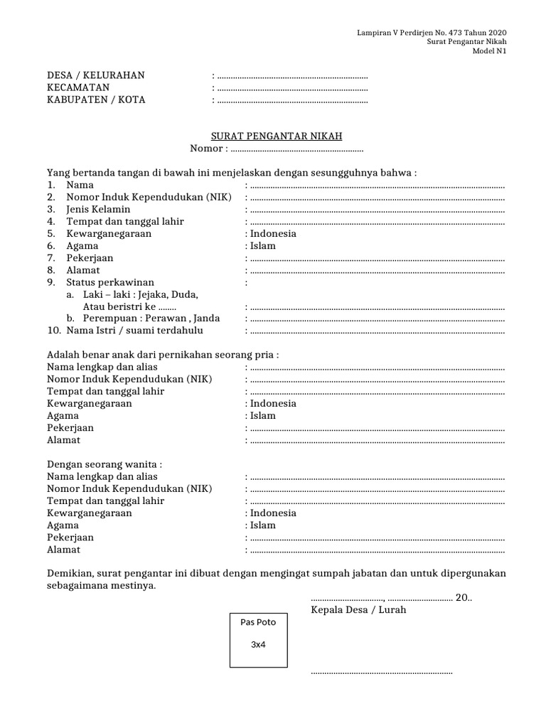 Surat Pengantar Nikah Resmi N1 | PDF