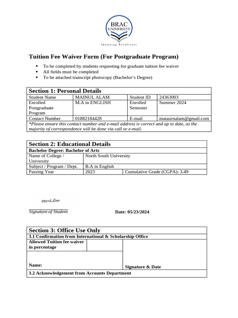 Postgraduate Waiver Form | PDF | Learning | Teaching Method