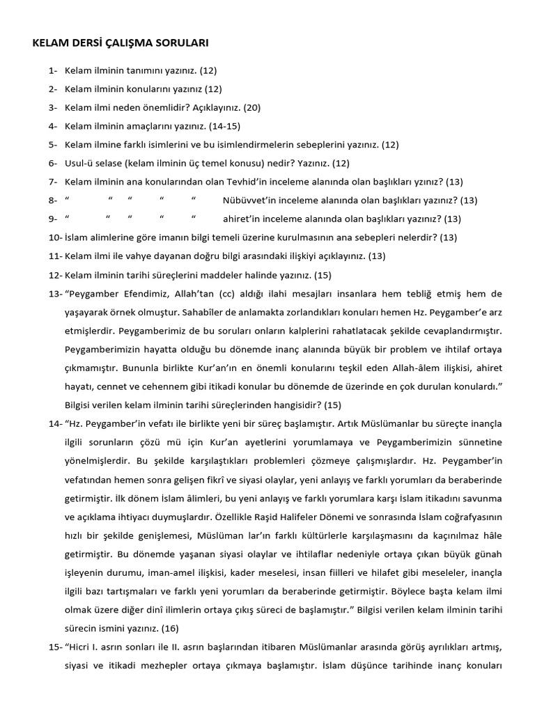 Kelam Dersi̇ Yazili Sinav Sorulari 2024 | PDF