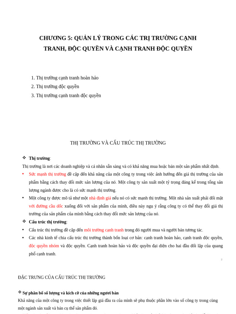 CHÆ Æ NG 5 - QUáº N LÃ TRONG CÃ C THá TRÆ Á NG Cáº NH TRANH, Ä Á C QUYá N VÃ Cáº NH TRANH Ä Á C ...