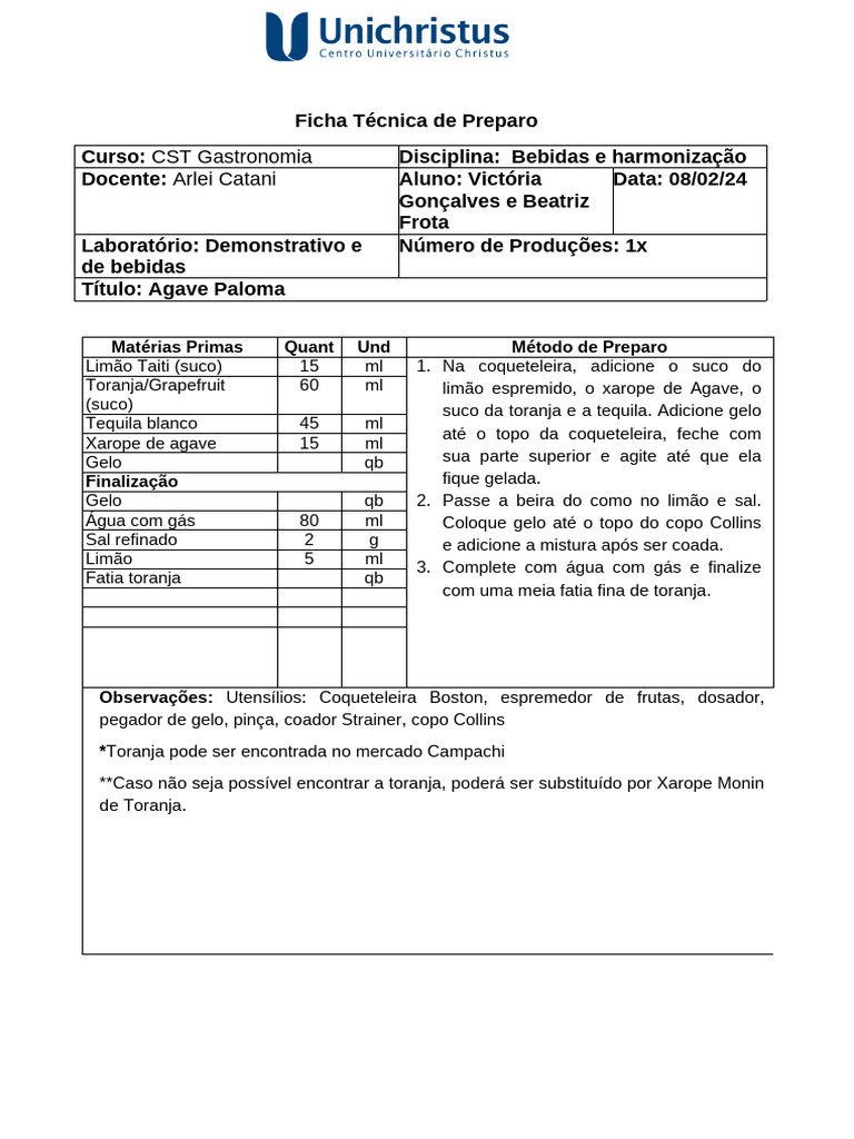 Ficha Técnica Agave Paloma | PDF | Toranja | Frutas comestíveis