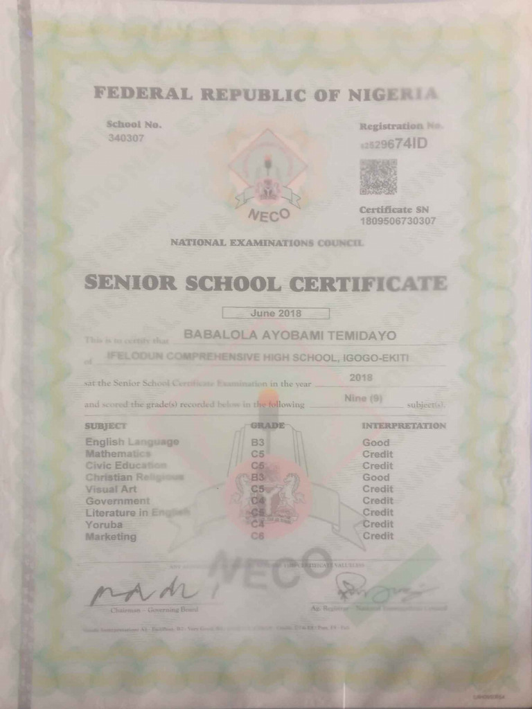 Ayobami Neco Certificate | PDF