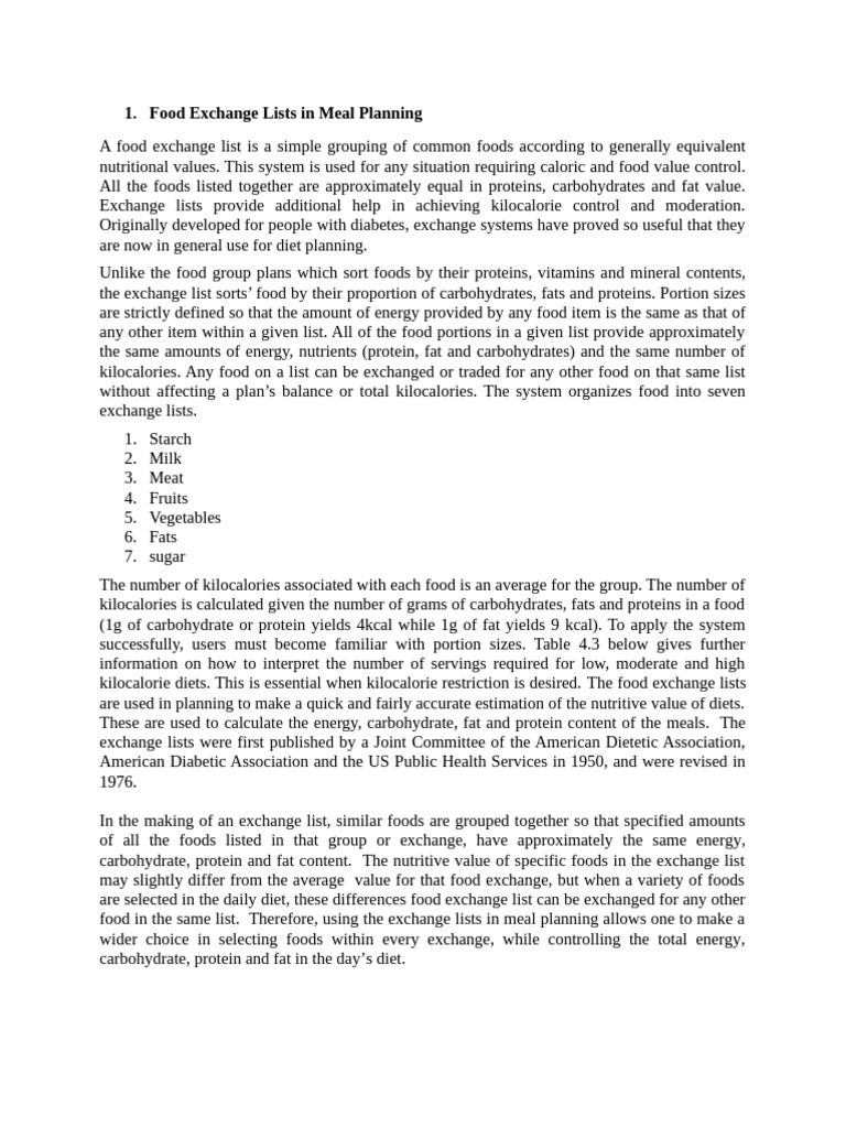 Food Exchange Lists in Meal Planning | PDF | Foods | Food Energy