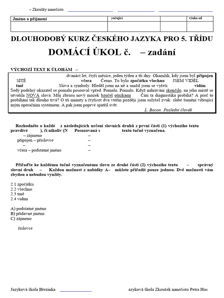 Dlouhodoby Kurz 5. Trida - 8. Lekce - DU Zadani | PDF