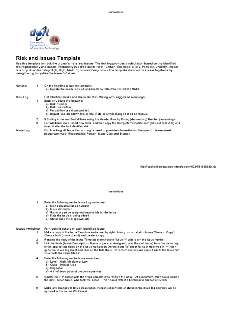 Risk and Issue Log Template | PDF | Risk | Computing