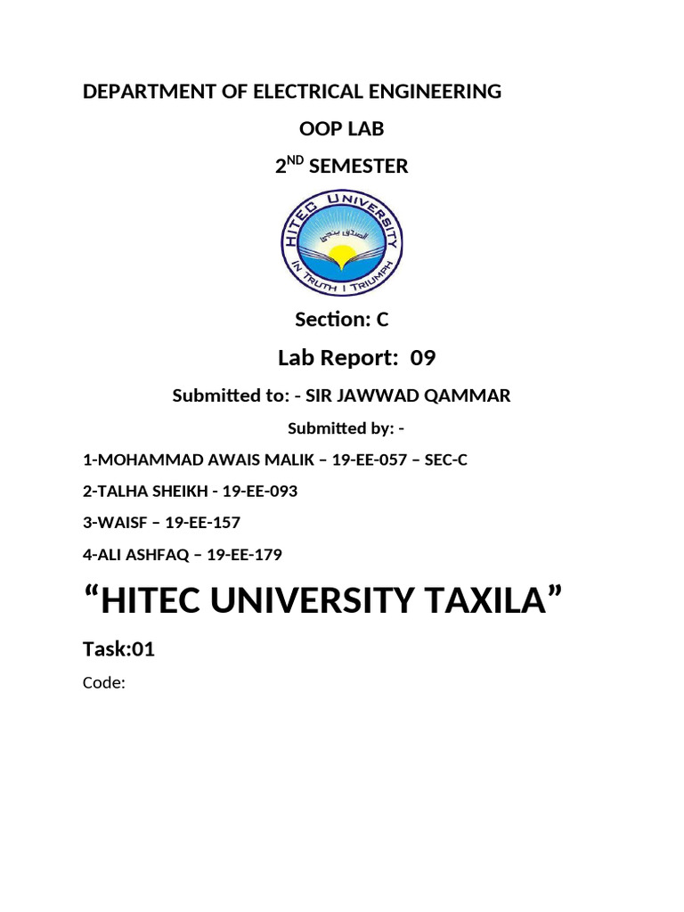 OOP Lab Report - EE 2nd Semester | PDF