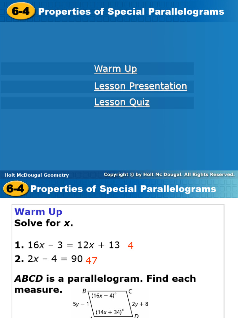 6-4 Properties of Special Parallelograms Properties of Special ...