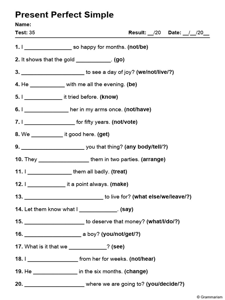 Grammarism Present Perfect Test 35 1079151 | PDF