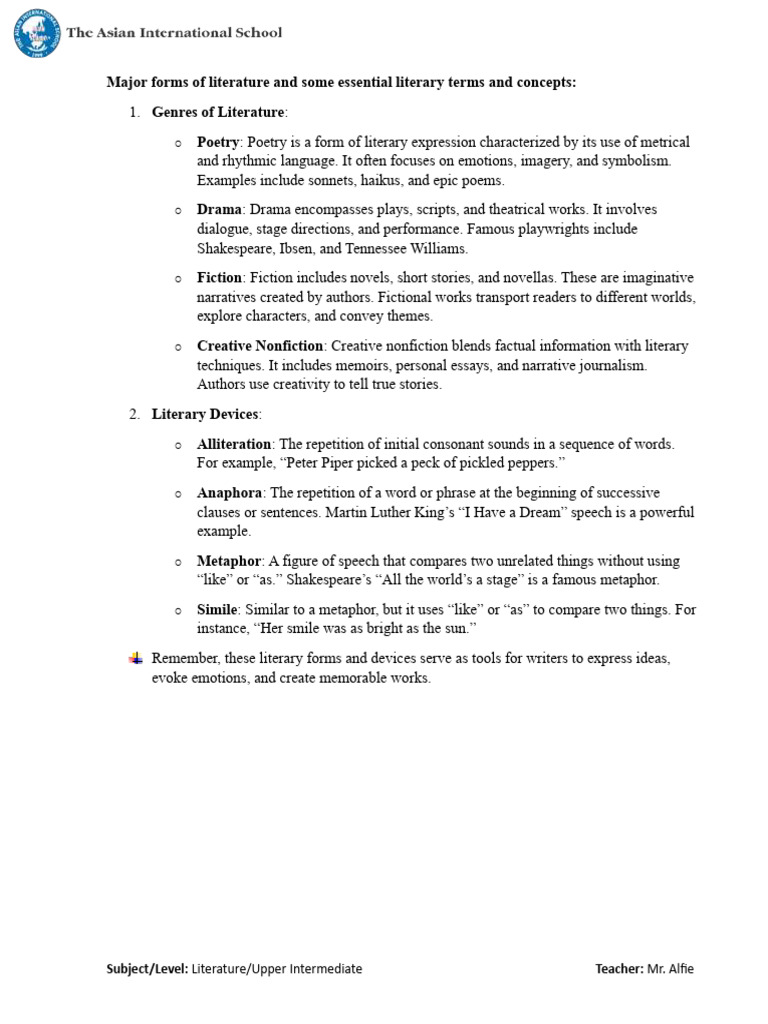 Major Literary Forms and Devices Explained | PDF | Poetry | Classics