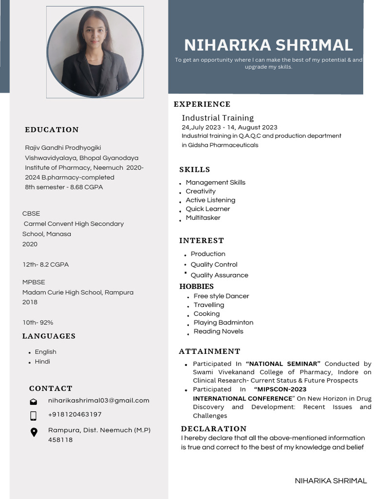 NIHARIKA CV | PDF | Pharmacy | Medicine