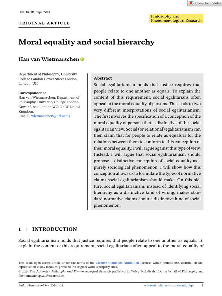 Moral Equality and Social Hierarchy: Han Van Wietmarschen | PDF ...
