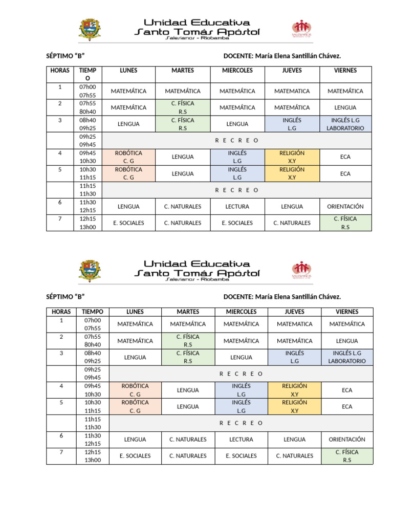 PFSLTB HORARIO DE CLASES 7mo B | PDF