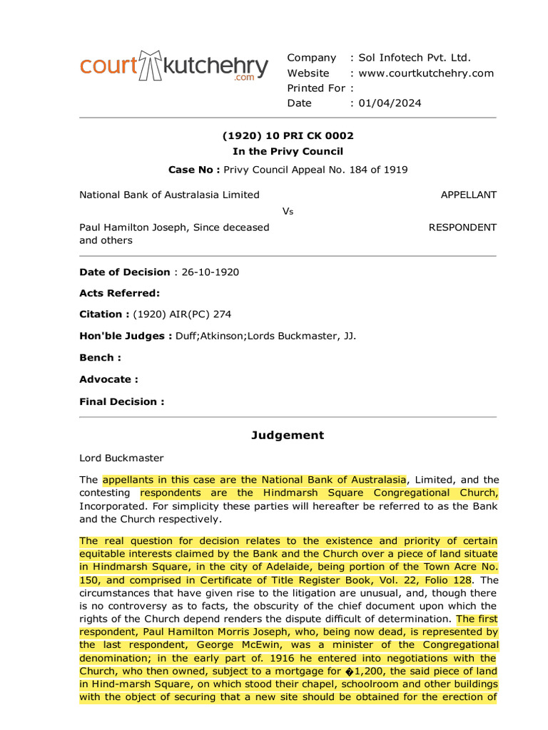 National Bank of Australasia Limited vs. Paul Hamilton Joseph, Since ...