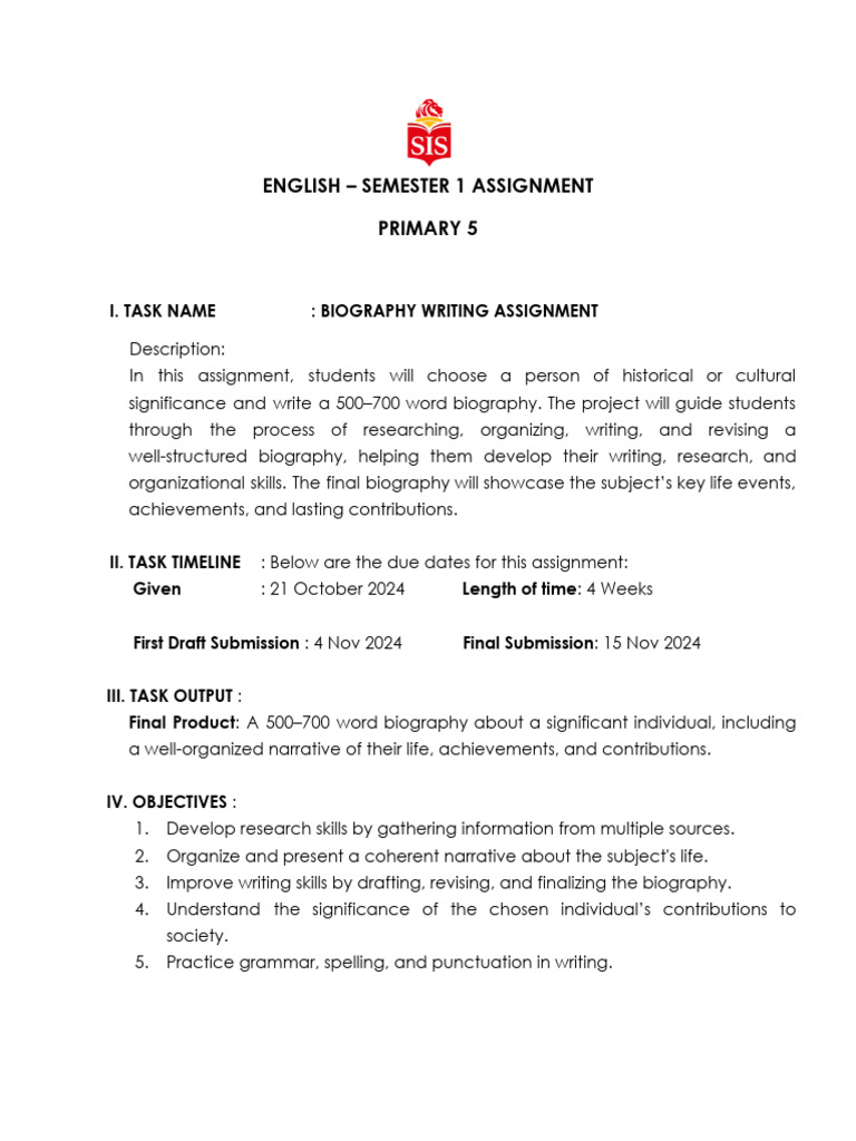 Primary 5 Biography Writing Assignment | PDF | Cognition | Cognitive ...