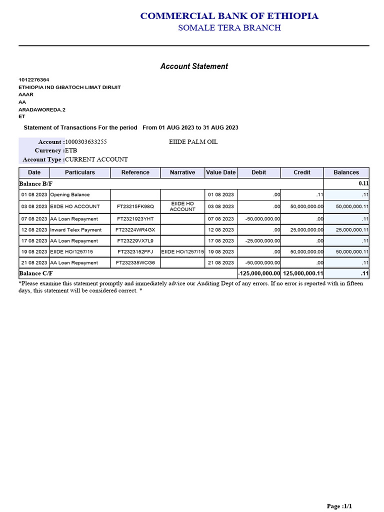 Commercial Bank of Ethiopia: Account Statement | PDF