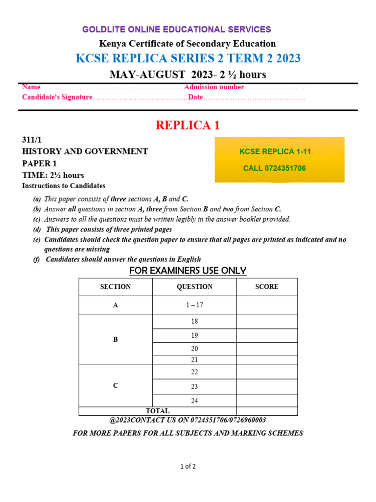 Kcse Replica Hist PP1 2023. New | PDF | Kenya