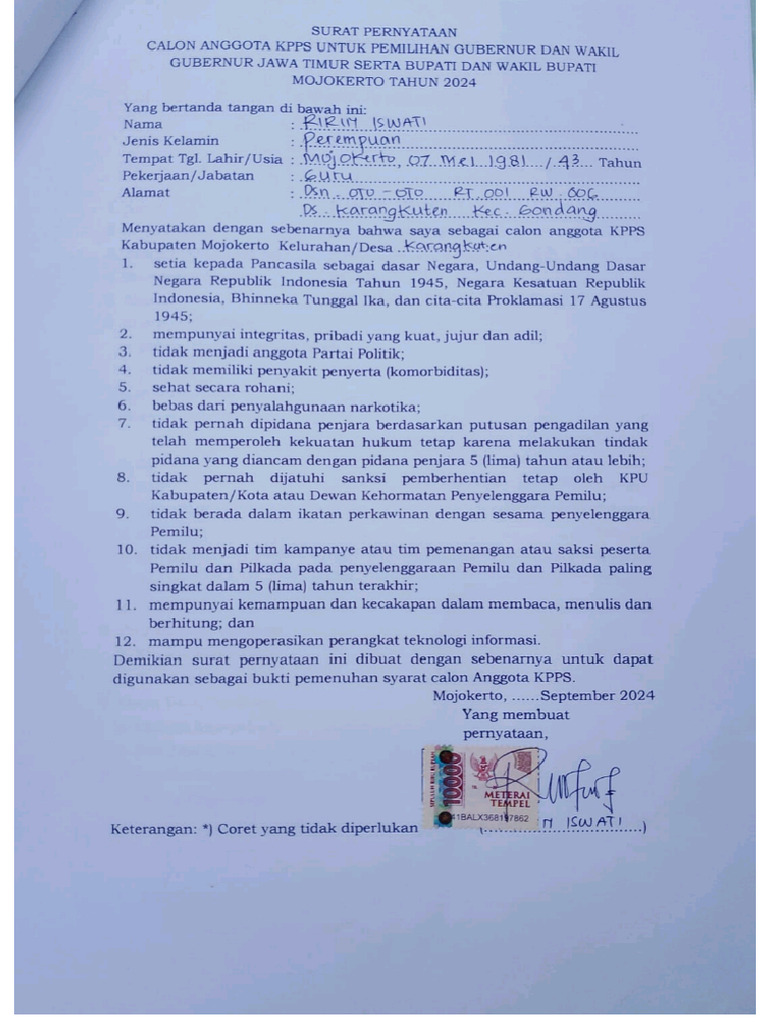 Surat Pernyataan Kpps | PDF