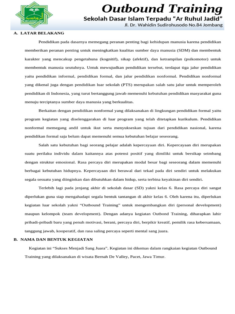 Outbound Kelas 6 SDIT Ar Ruhul Jadid | PDF