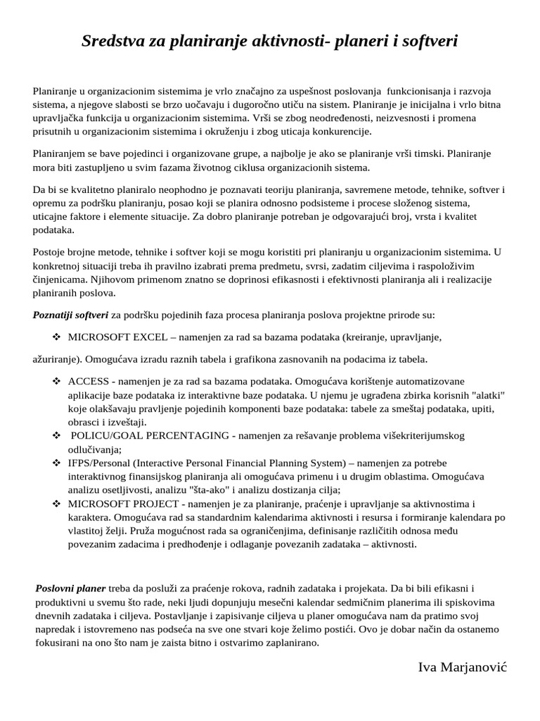 Sredstva Za Planiranje Aktivnosti | PDF