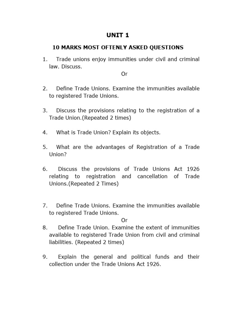 Labour Law Unit 1 Most Oftenly Asked Questions | PDF