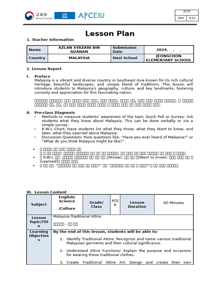 Lesson Plan-Malaysia-Traditional Attire | PDF