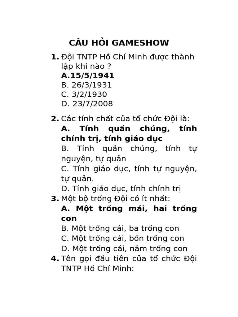 Câu Hỏi Gameshow Nhóm 1 | PDF