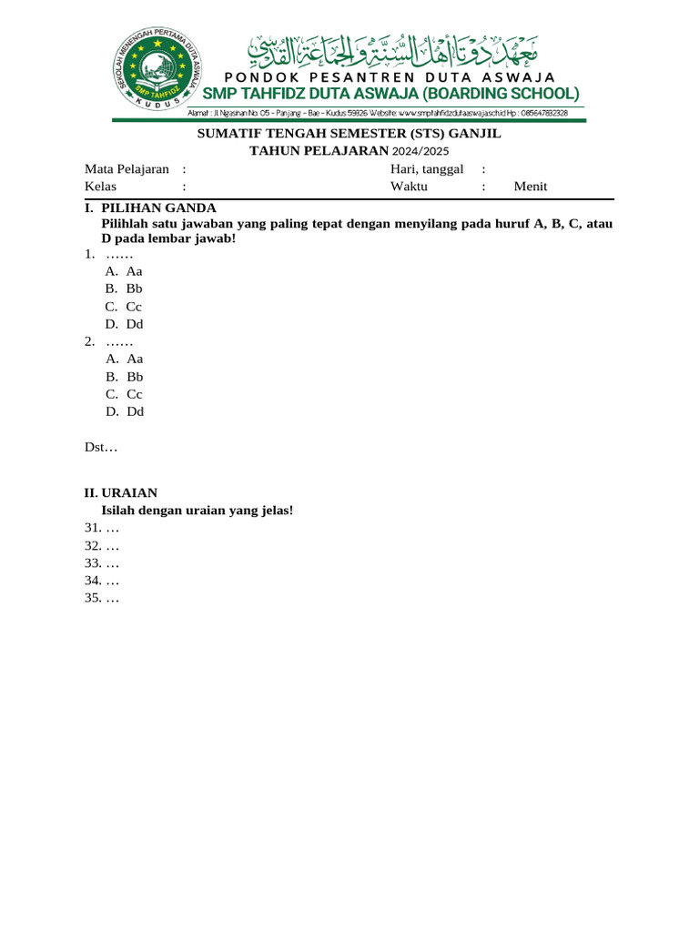 Format Soal STS 2024-2025 | PDF