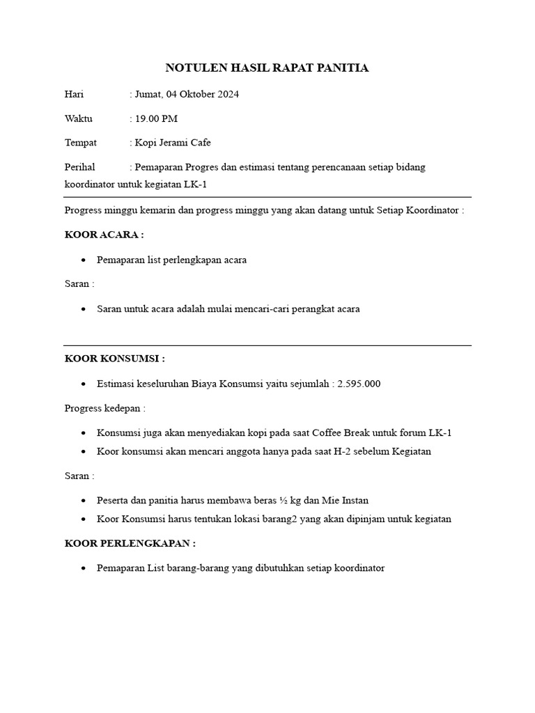 Notulen Hasil Rapat Panitia 04 Oktober 2024 | PDF