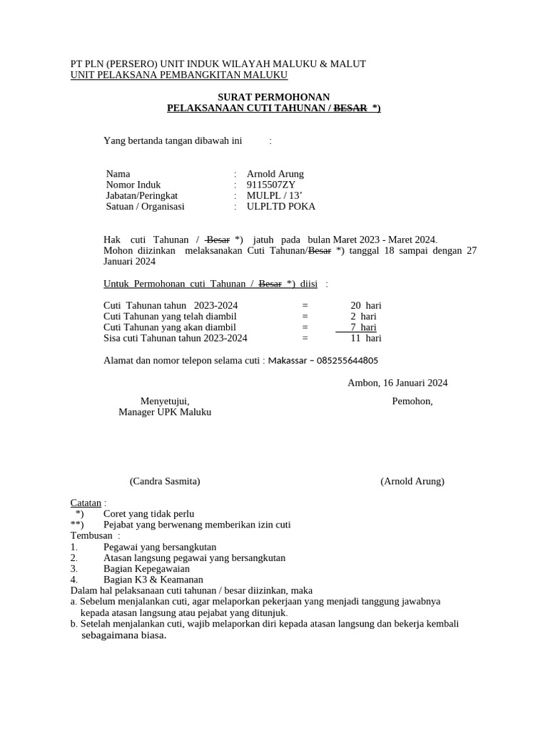 Permohonan Cuti Tahunan 2023-2024 | PDF