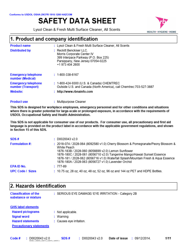 Lysol Clean & Fresh SDS Overview | PDF | Toxicity | Personal Protective ...