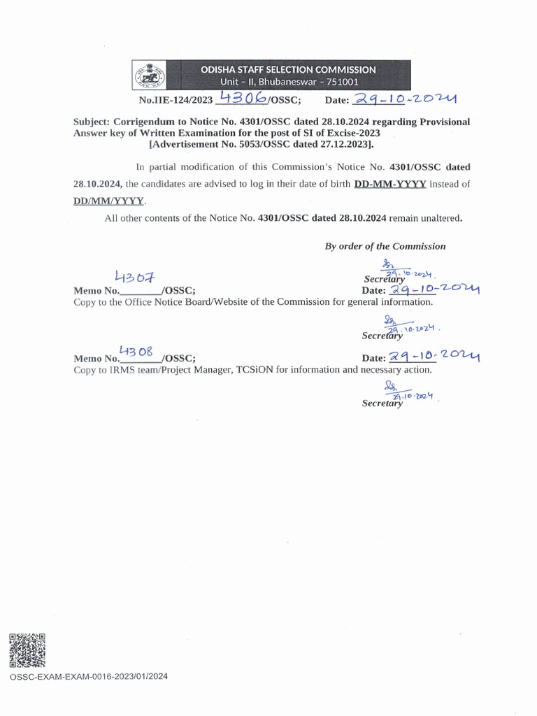 Corrigendum to Notice for Provisional Answer Key of Written Examination for SI Excise-2023 | PDF