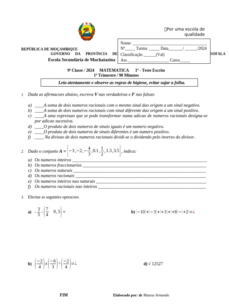 Prova de Matemática 9ª Classe 2024 | PDF | Número inteiro | Matemática