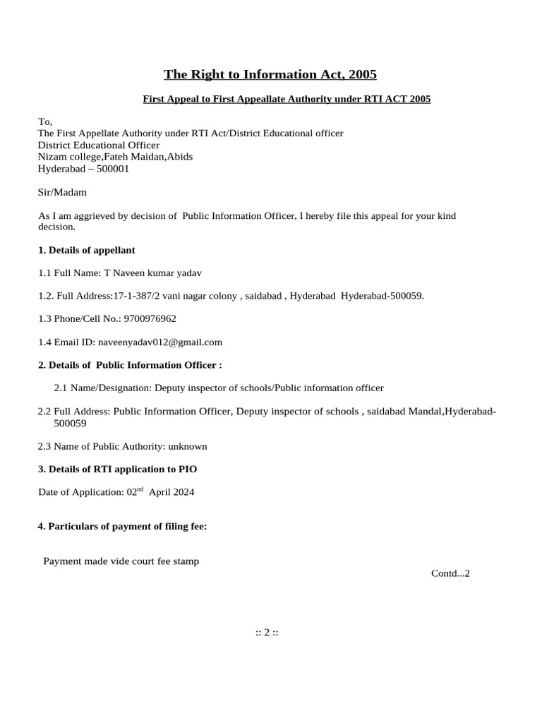 RTI First-Appeal-Form | PDF | Constitutional Law | Separation Of Powers