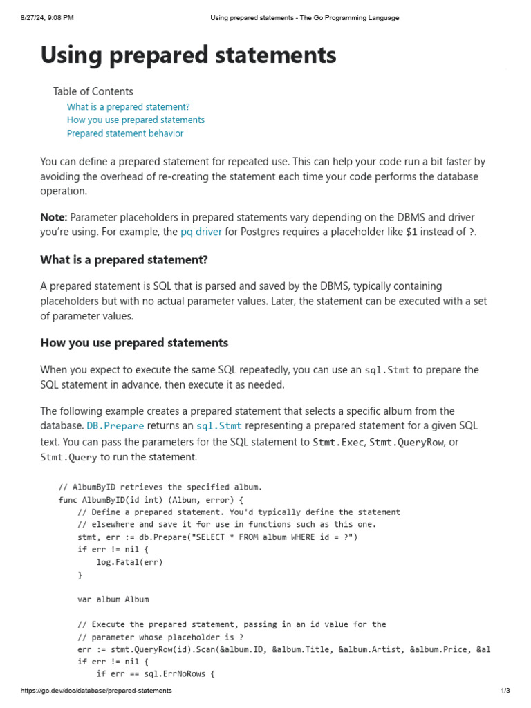 Using Prepared Statements - The Go Programming Language | PDF | Sql | Databases