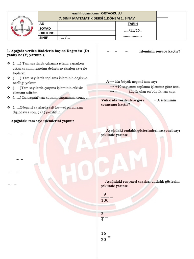 7.sinif Matemati̇k 1.dönem 1.yazili Sorulari-2 | PDF