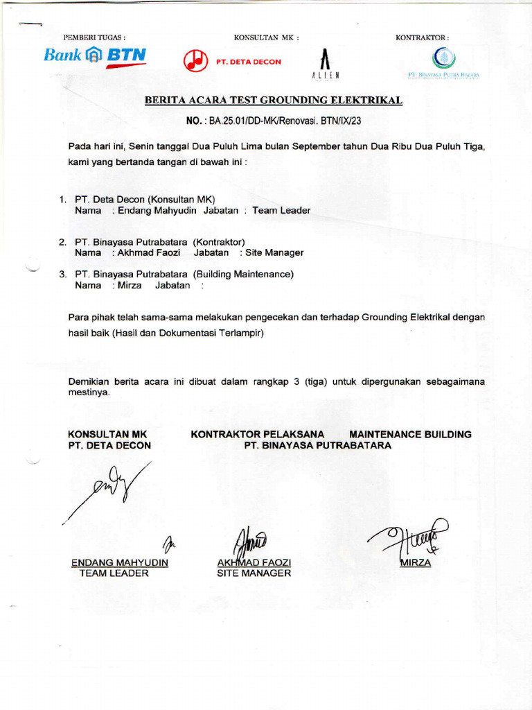 Berita Acara Test Grounding Elektrikal 25 September | PDF