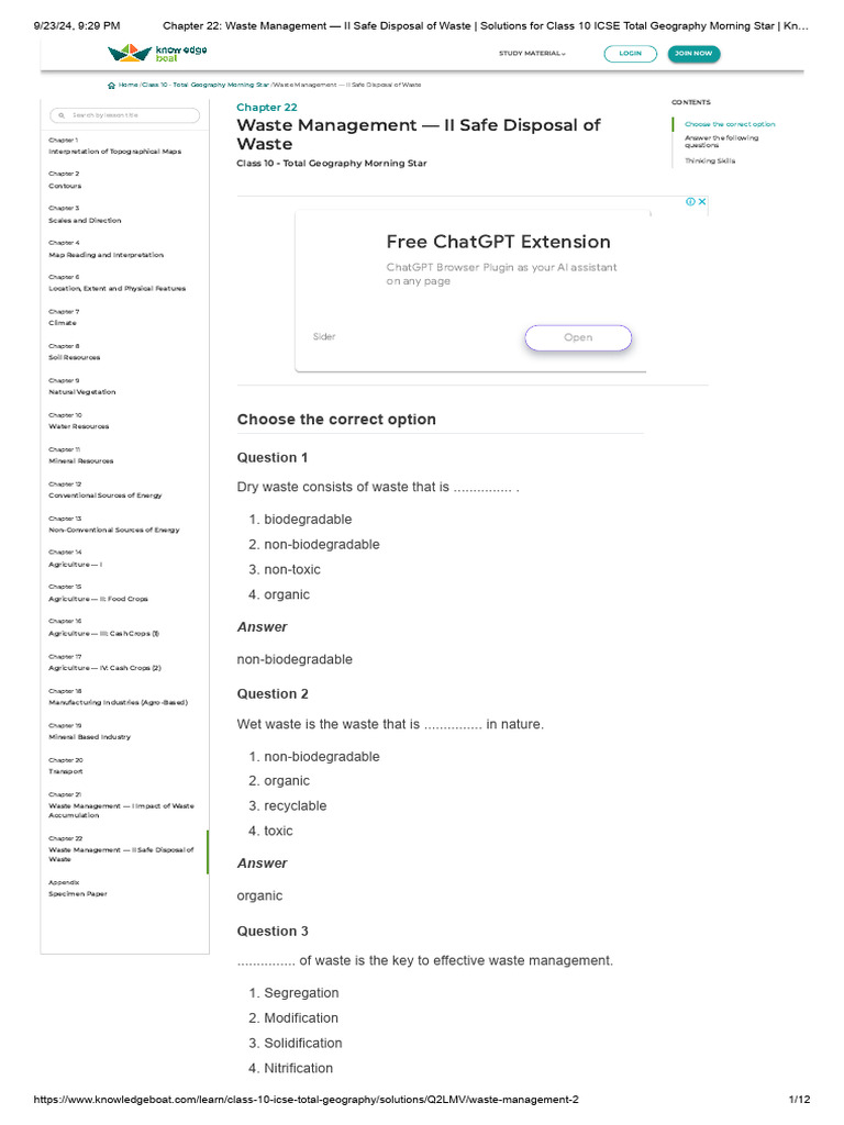 Chapter 22 - Waste Management - II Safe Disposal of Waste - Solutions ...