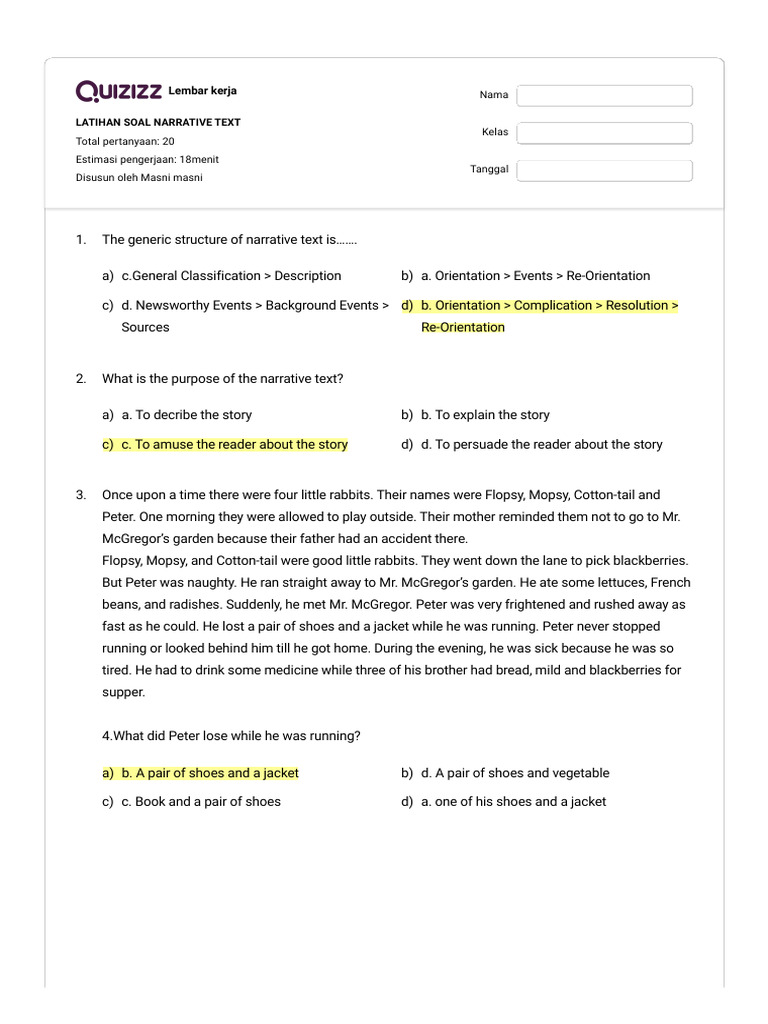 LATIHAN SOAL NARRATIVE TEXT Z | PDF | Peter Rabbit