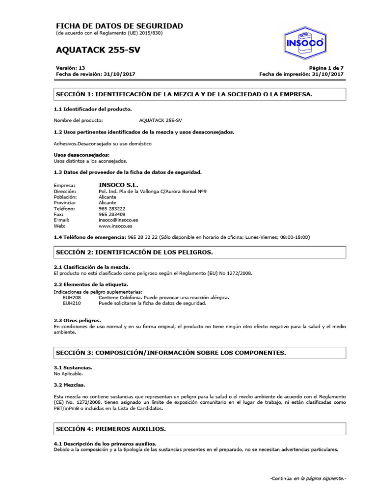Aquatack 255-Sv (Español) - Msds | PDF | Compuesto orgánico volátil | Agua