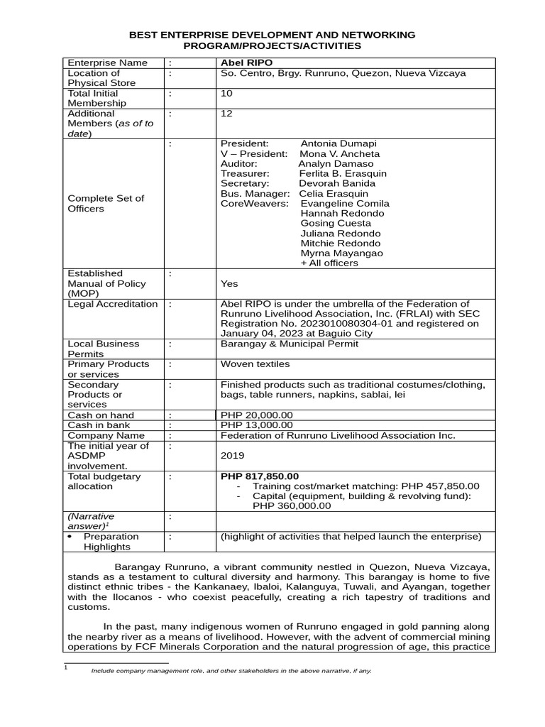 Best Enterprise Development Template - ABEL RIPO - Jromero | PDF | Weaving | Loom